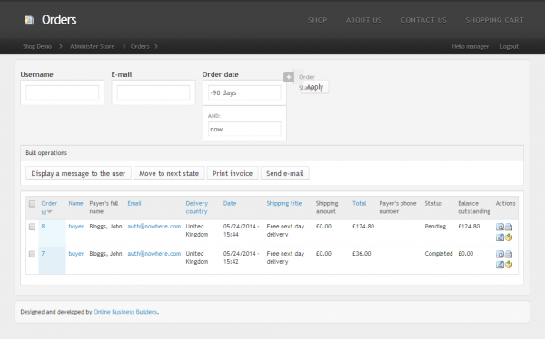 Drupal demo: Manage orders page for shop owner | Online Business Builders